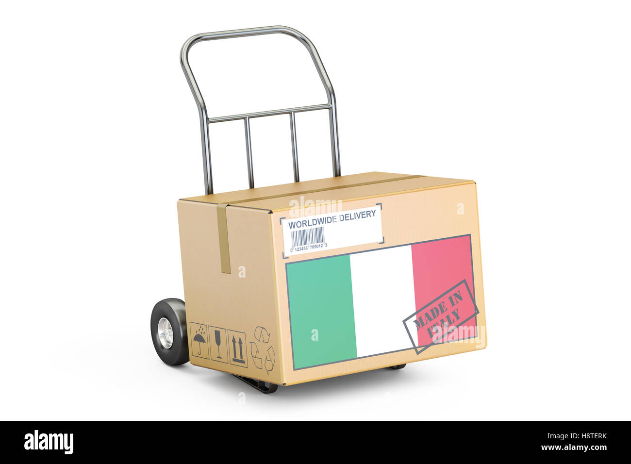 Made in Italy concept. Cardboard Box on Hand Truck, 3D rendering ...