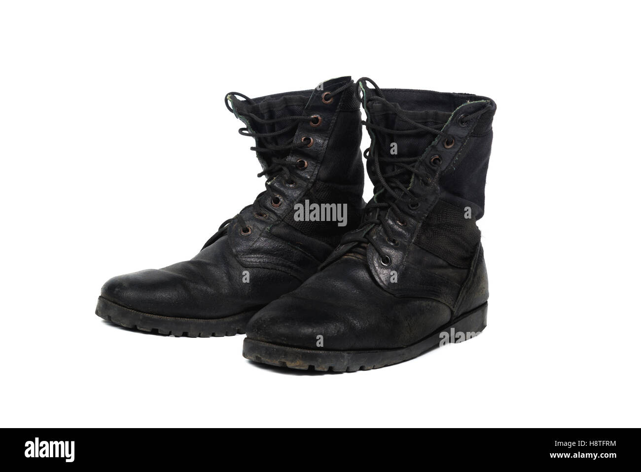 Black combat men boot, black Military boots at Through use, isolated ...