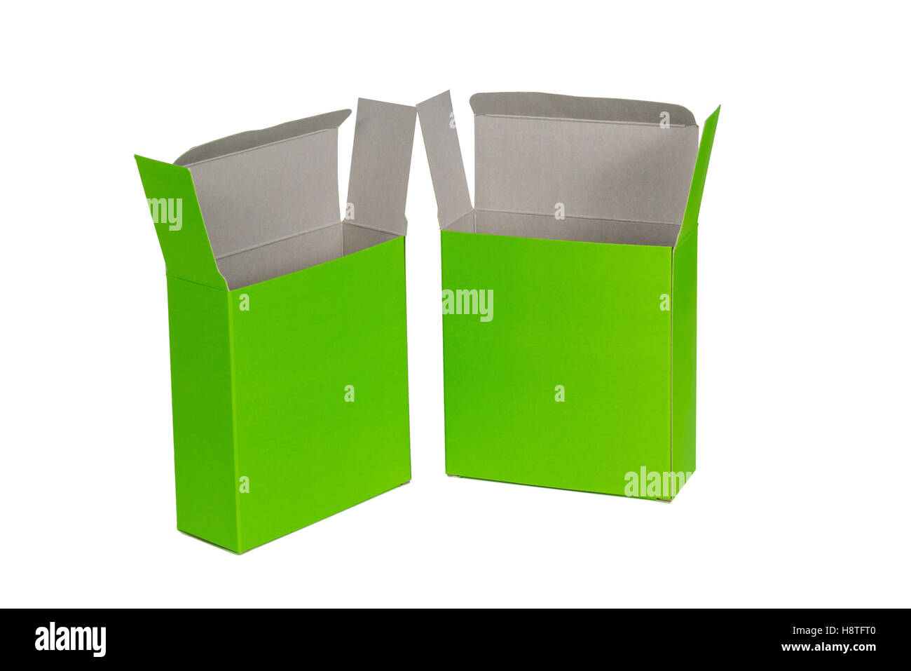 Two green Box with lid open or green paper package box isolated on ...