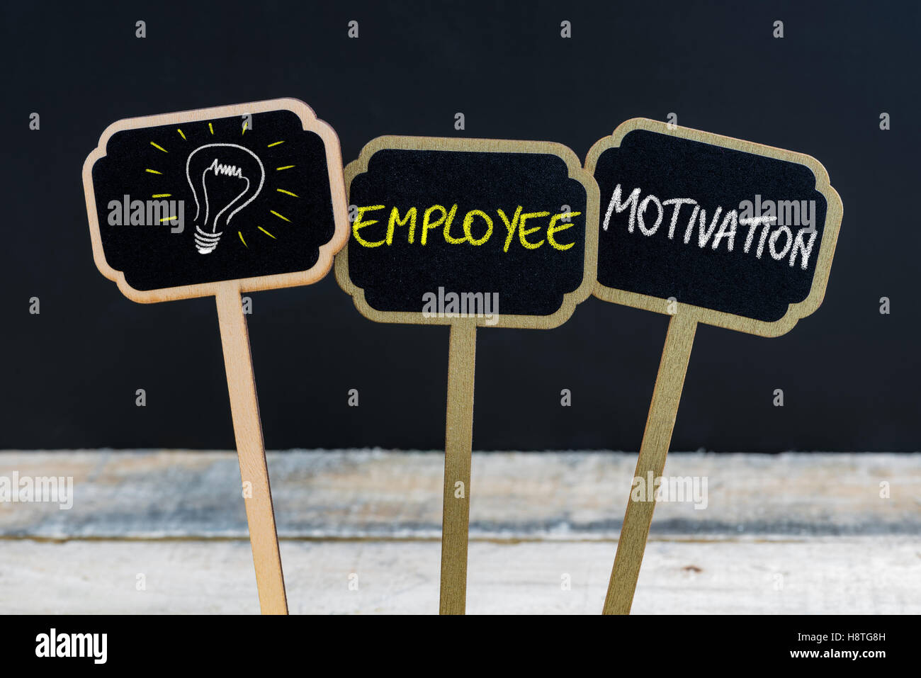 Concept message EMPLOYEE MOTIVATION and light bulb as symbol for idea ...