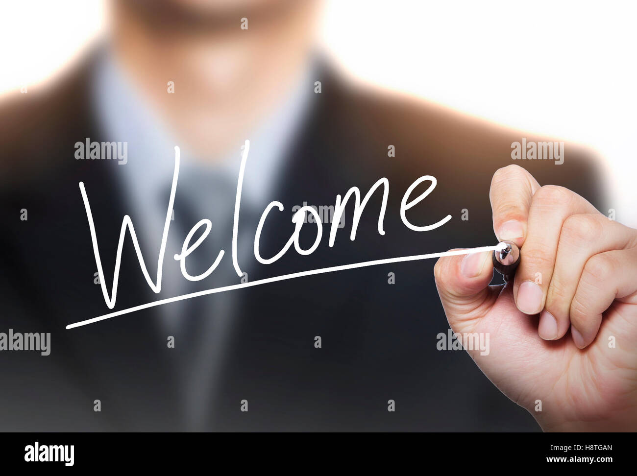 welcome written by hand, hand writing on transparent board, photo Stock ...