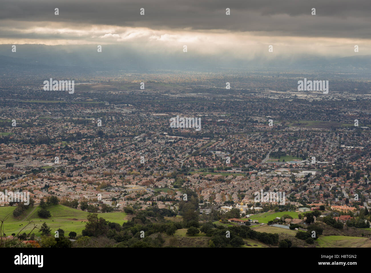 Aerial View of the Silicon Valley, Green Countryside, and Ominous Sky ...