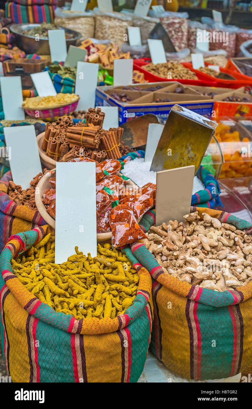 The spice stall offers ginger root, cinnamon, pepper and many other ...