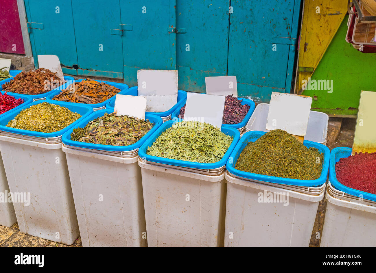 The colorful flavored spices in white boxes in Turkish Bazaar, Acre ...