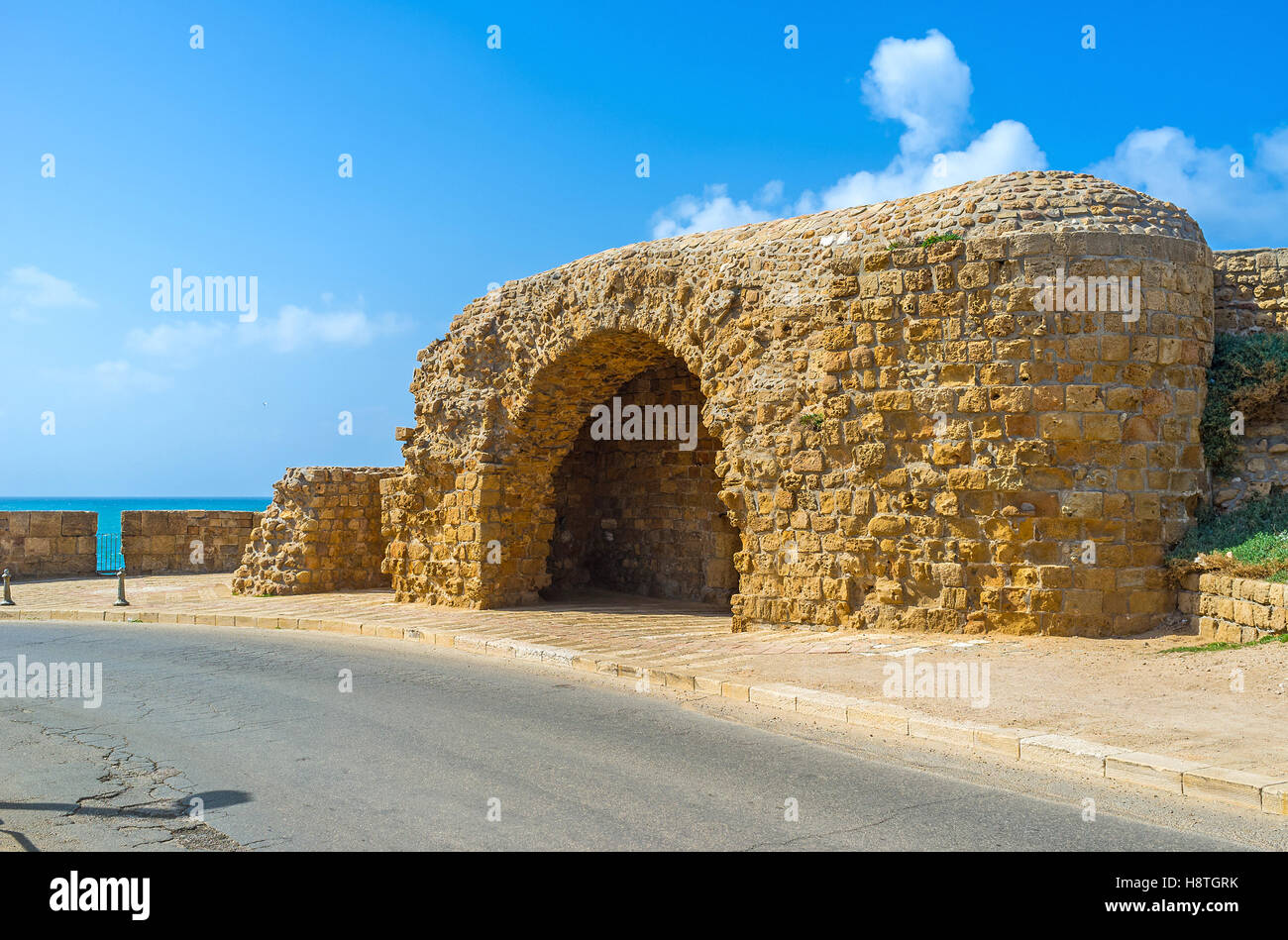 The defensive fortification on the coast of Acre, Israel Stock Photo ...