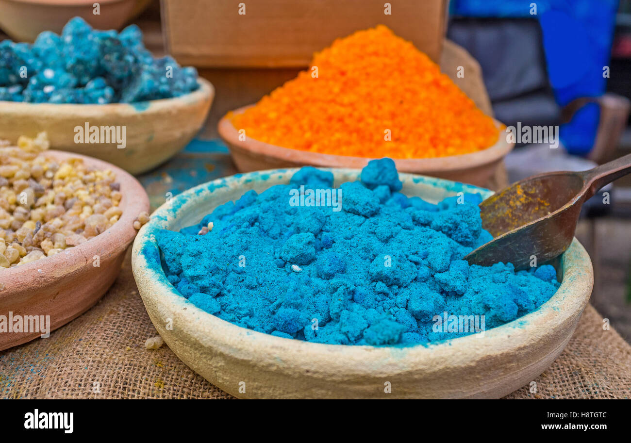 The bright blue powder in the clay bowl in Turkish Bazaar, Acre, Israel ...