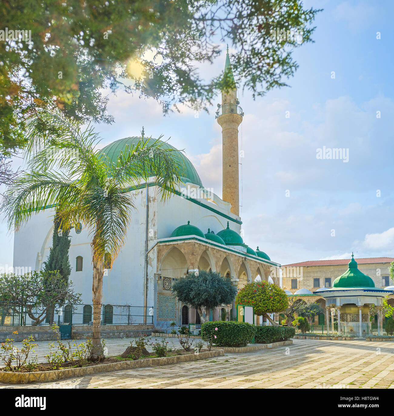 The side view of Al-Jazzar mosque and its small sabil among the green ...