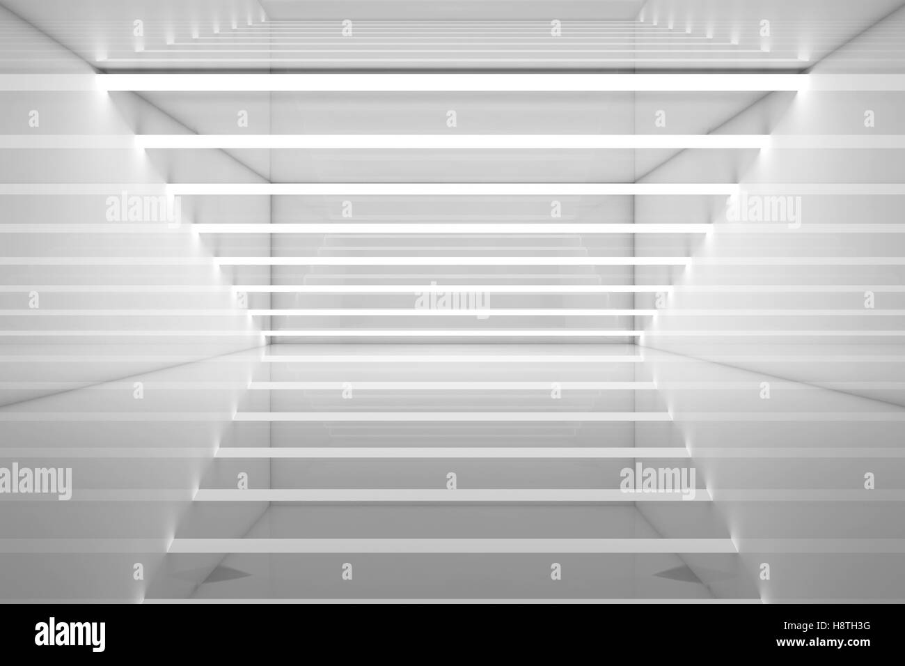 White room interior stripes of neon lights and reflections. Futuristic ...