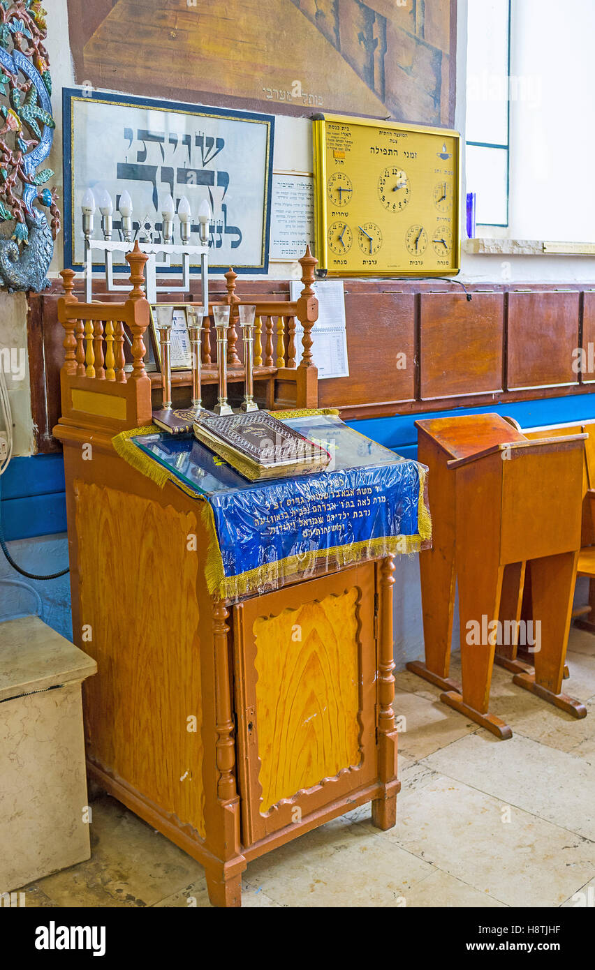 The bima pulpit in Ari Ashkenazi Synagogue with Menorah on it Stock ...