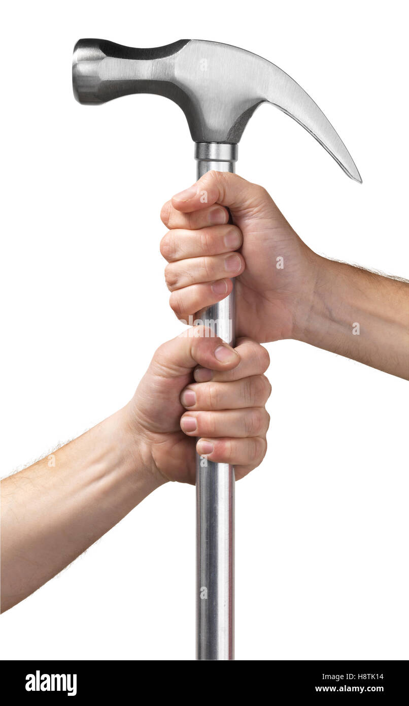 Two hands holding a hammer. isolated over white background Stock Photo ...