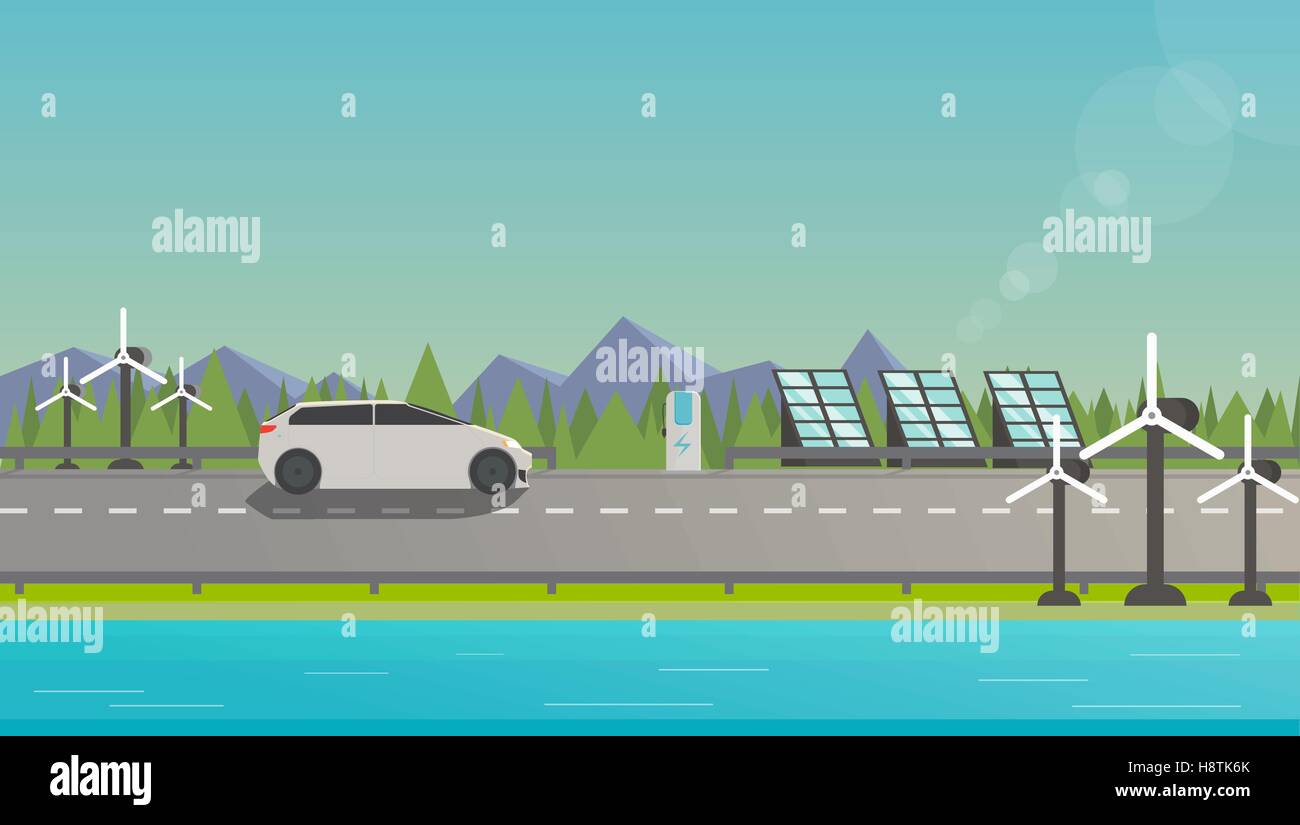 Flat illustration of electromobile on highway near windmill, solar ...