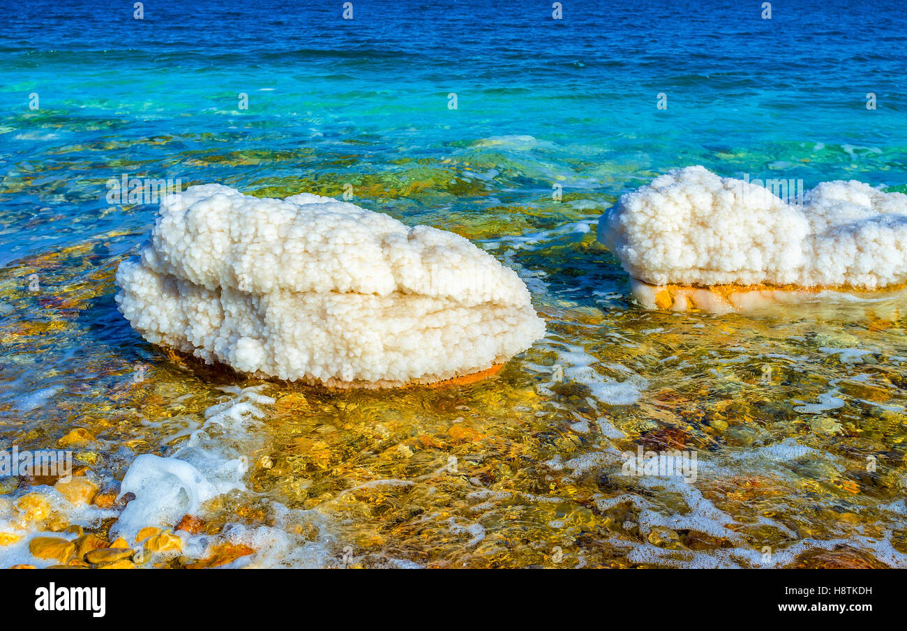 The scenic nature of the Dead Sea with unusual stones, covered the ...