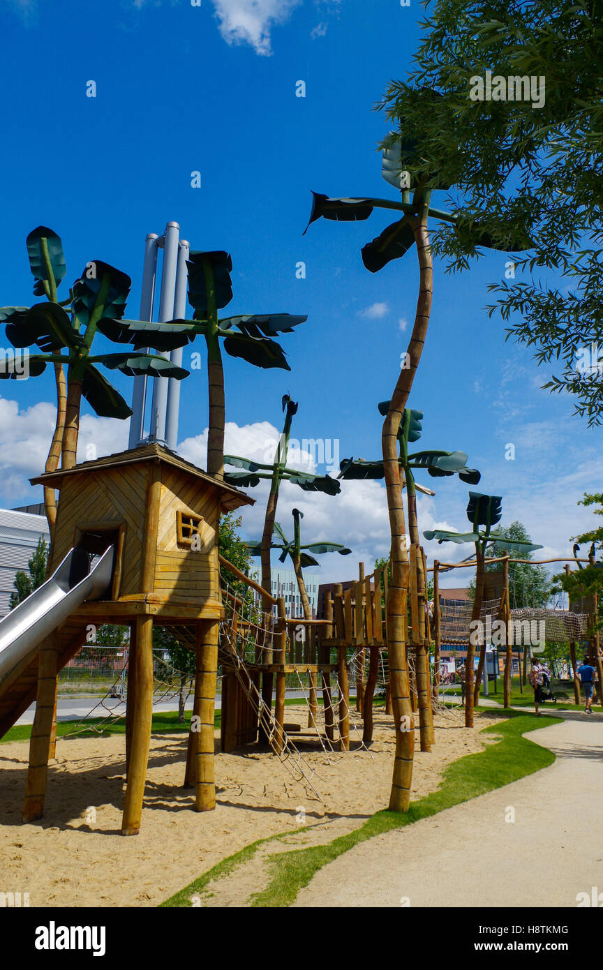 a modern wooden children playground in park, Germany - Hambueg Stock ...