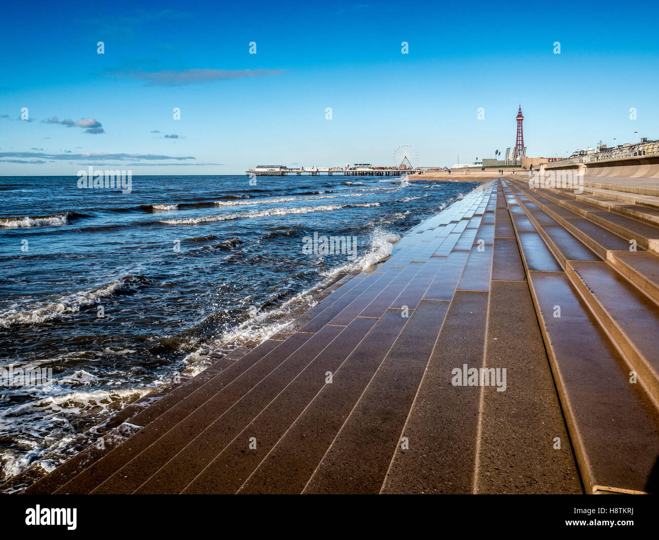 Blackpool Tower, Central Pier and stone steps forming part of sea ...