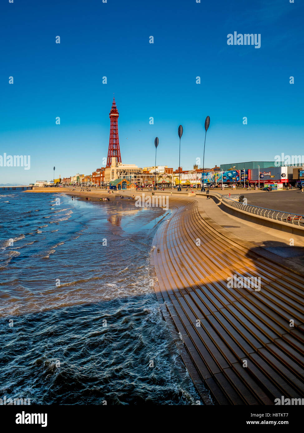 Blackpool Tower, Promenade and steps leading down into sea viewed from ...