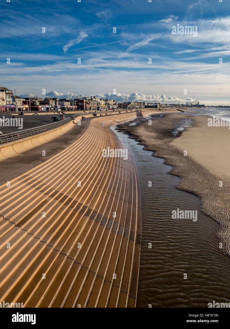 Blackpool seafront with curved stone steps down to beach, Lancashire ...
