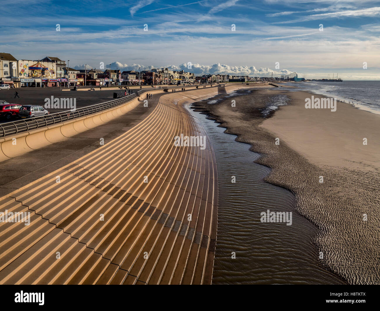 Blackpool seafront with curved stone steps down to beach, Lancashire ...