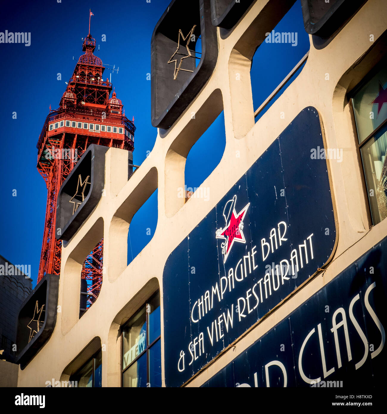 Champagne Bar and Seaview Restaurant sign with Blackpool tower in ...