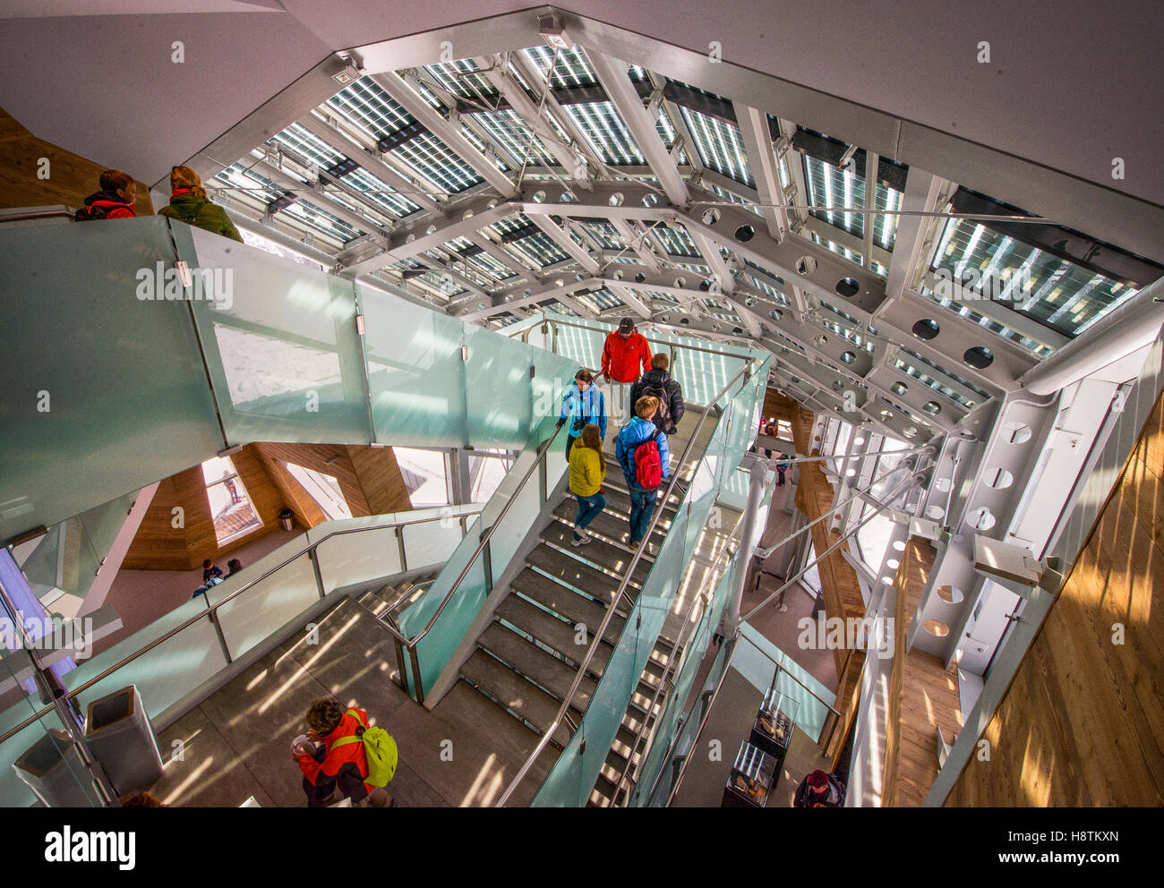Interior of the cableway SkyWay Mont Blanc station Helbronner peak ...