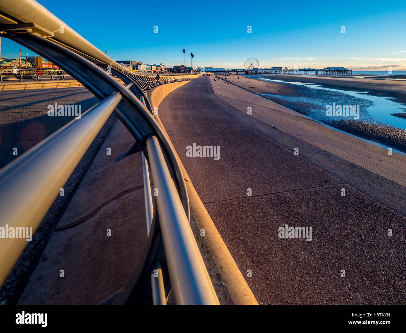Blackpool seafront with sea defences and Central Pier, Lancashire, UK ...