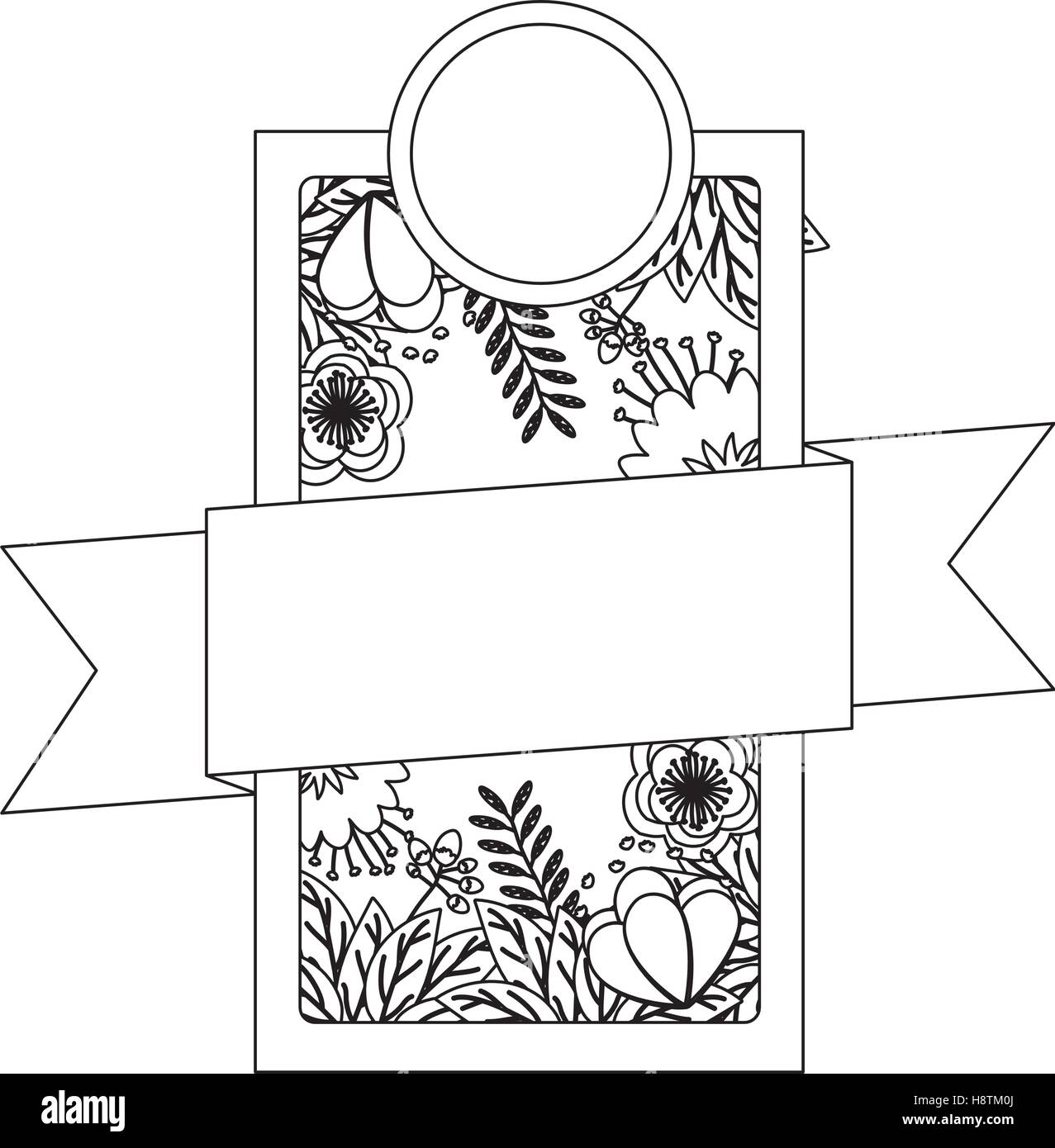 Flowers frame with ribbon icon. Decoration rustic garden floral nature ...