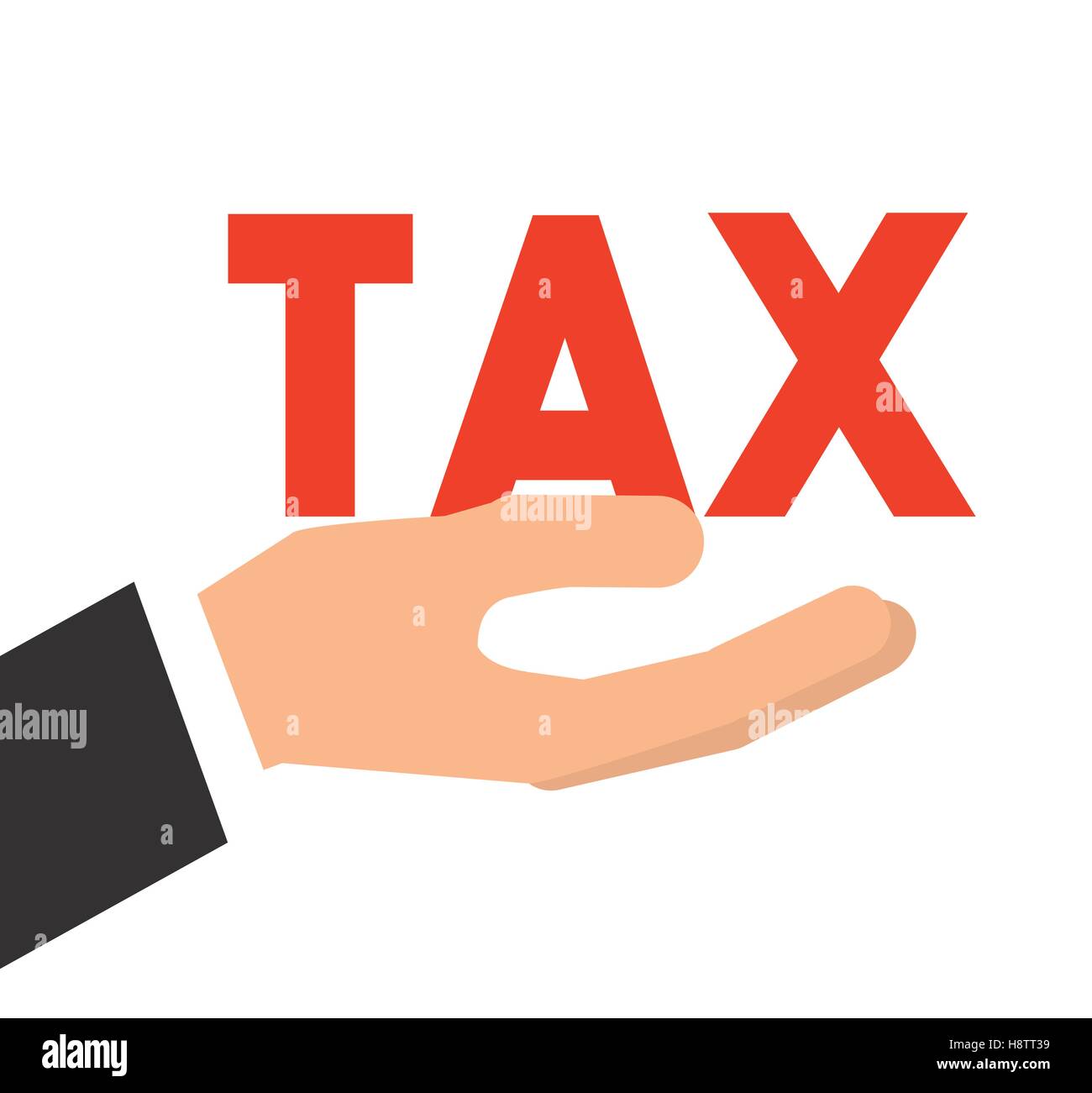 human hand with tax word in red color over white background. tax time ...