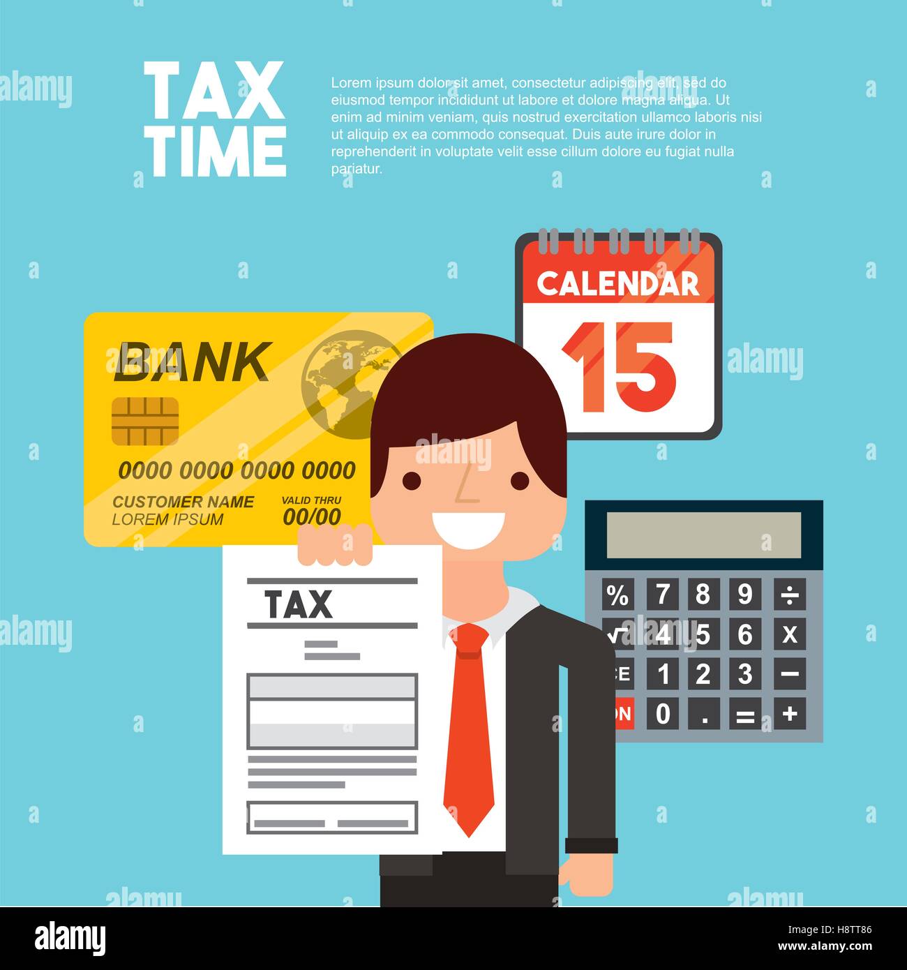 cartoon man smiling holding a tax document around calculator and bank ...