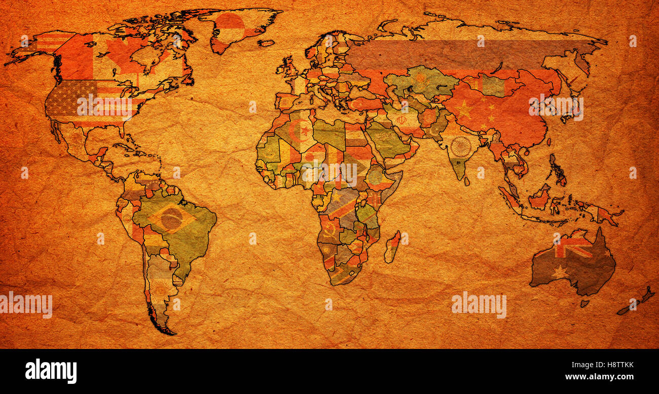 old political map of world with country flags Stock Photo - Alamy