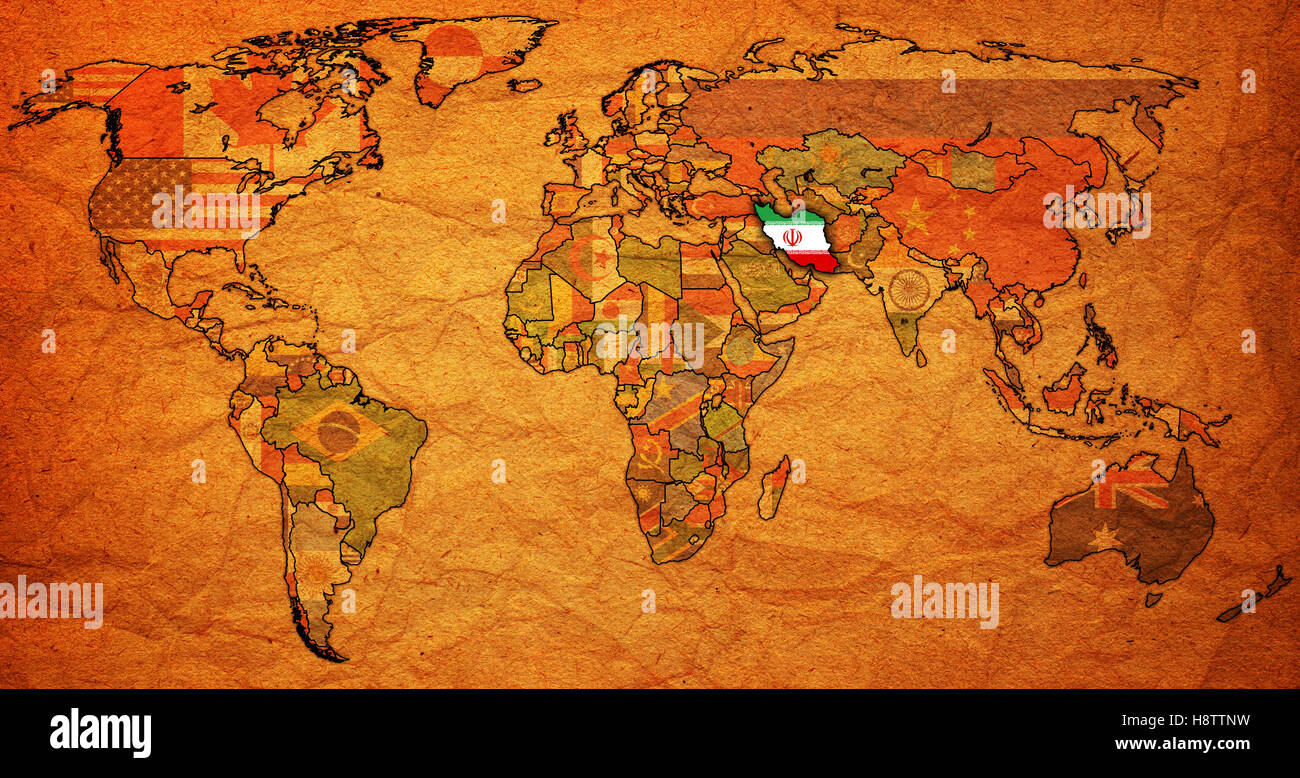 old political map of world with flag of iran Stock Photo - Alamy
