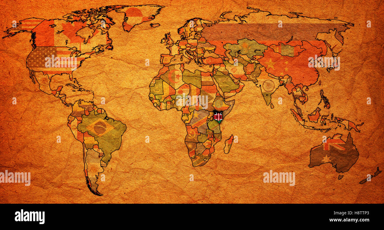 old political map of world with flag of kenya Stock Photo - Alamy