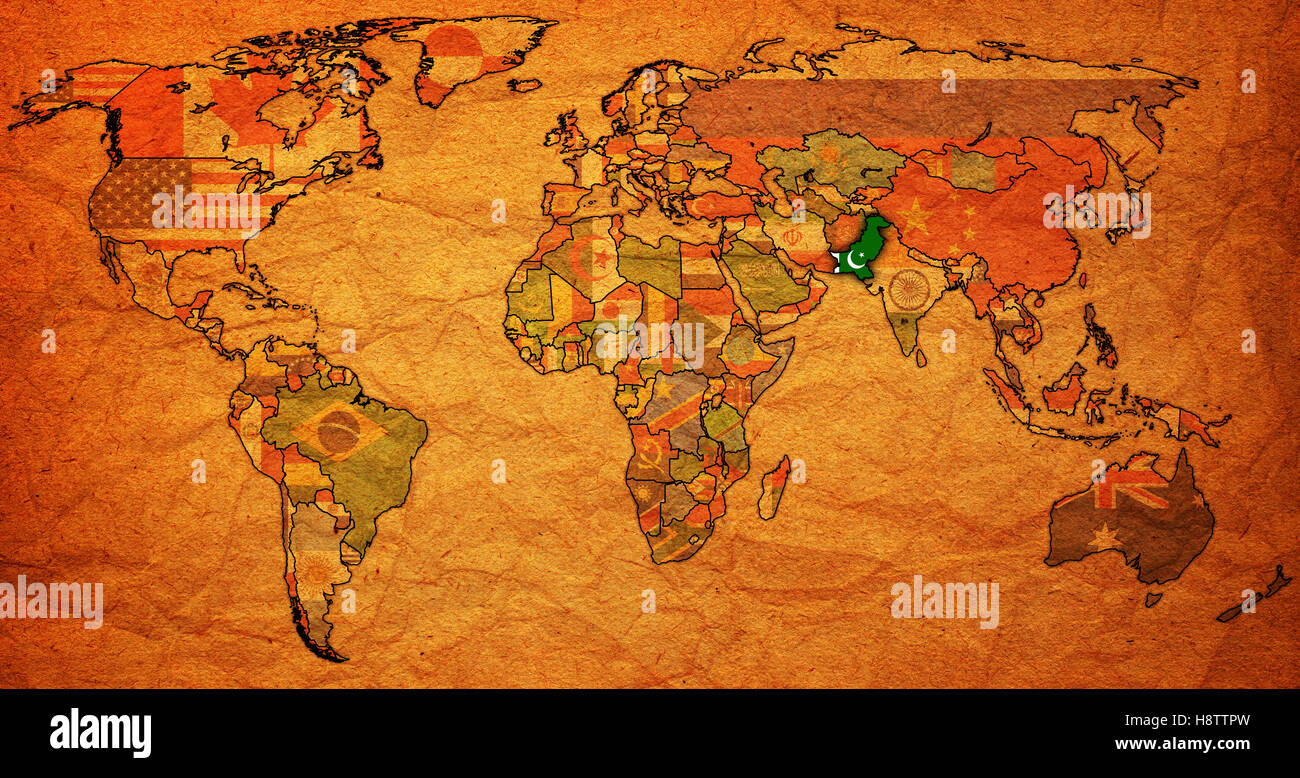 old political map of world with flag of pakistan Stock Photo - Alamy