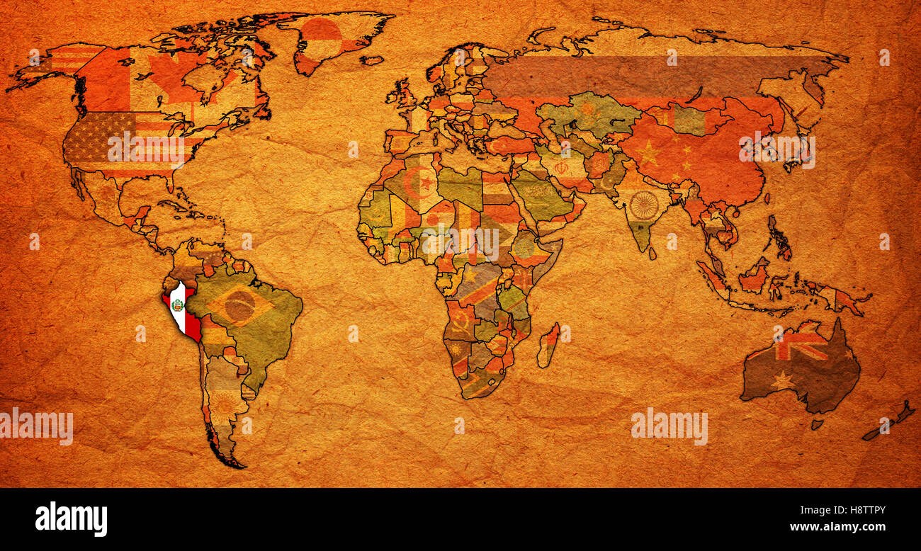 old political map of world with flag of peru Stock Photo - Alamy