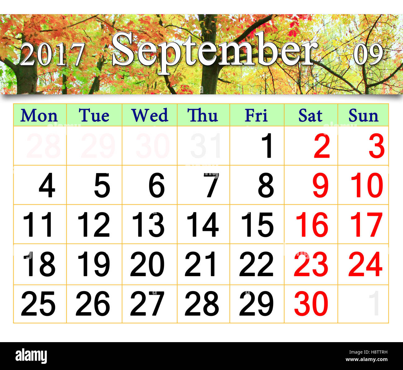 calendar for September 2017 with the image of yellow maple leaves Stock ...