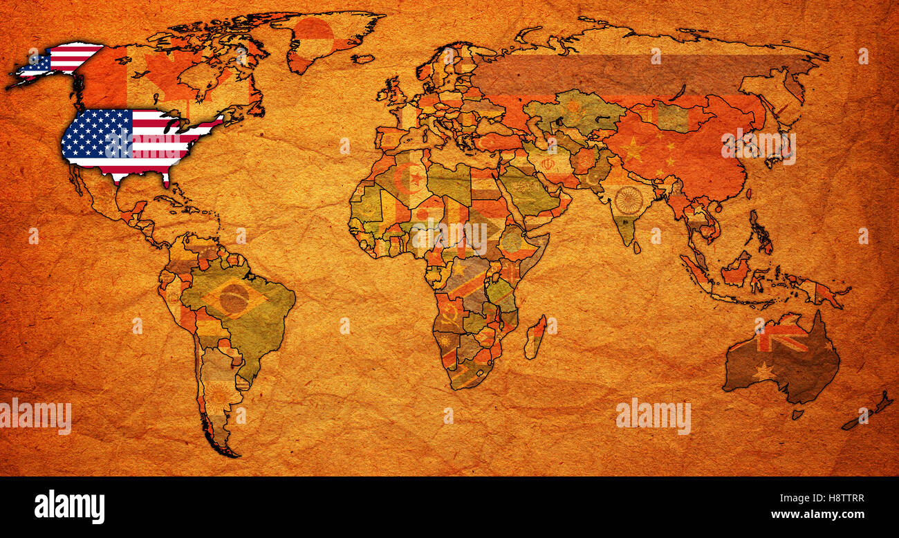 old political map of world with flag of usa Stock Photo - Alamy
