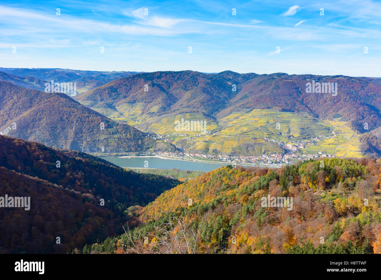 Spitz: view to Spitz, river Danube, vineyards from viewpoint rock Hoher ...