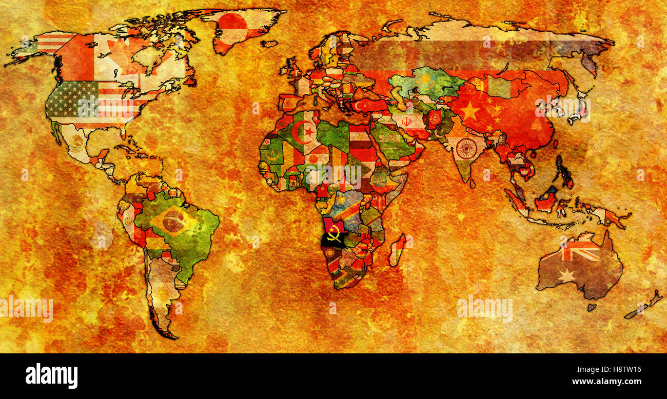 old political map of world with flag of angola Stock Photo - Alamy