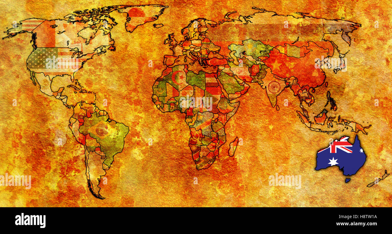 old political map of world with flag of australia Stock Photo - Alamy
