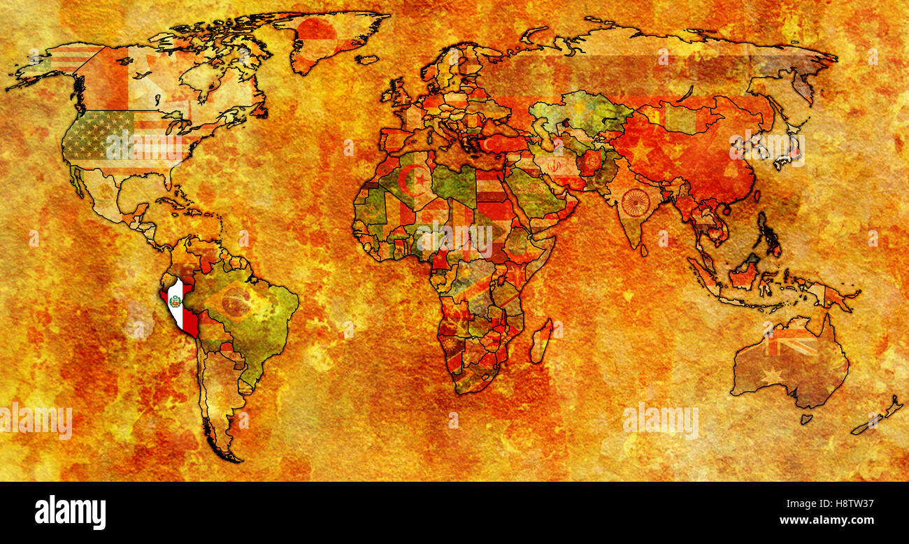 old political map of world with flag of peru Stock Photo - Alamy