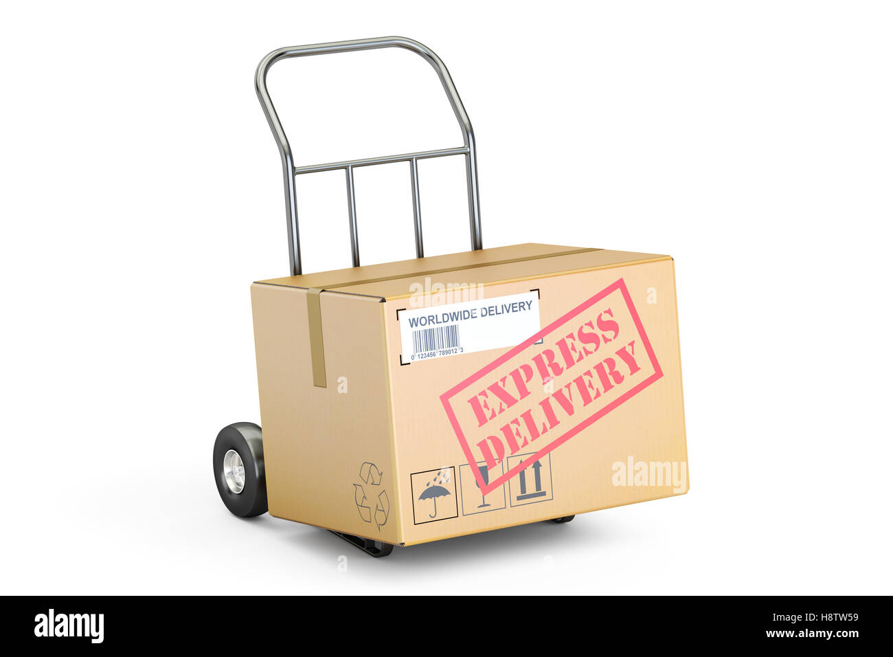 Express delivery concept. Cardboard box on hand truck, 3D rendering ...