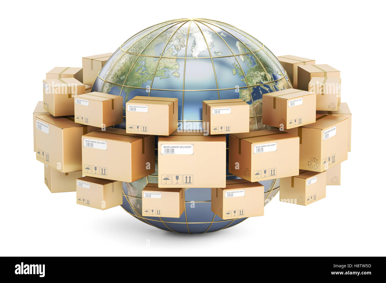 Global shipping and delivery concept, parcels cardboard boxes around the Earth. 3D rendering ...