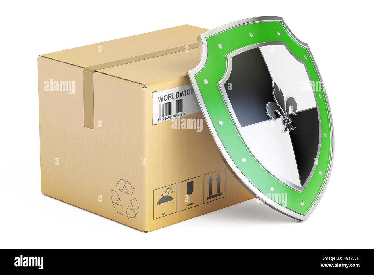 safety delivery concept, shield with cardboard box parcel. 3D rendering ...