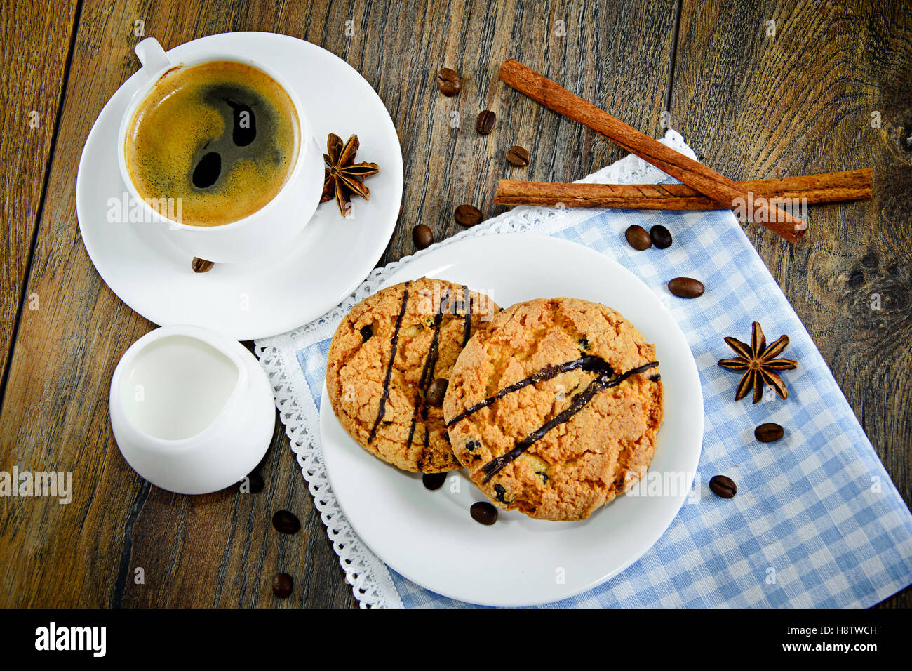 Coffee with Bakery on Woody Retro Background Stock Photo - Alamy