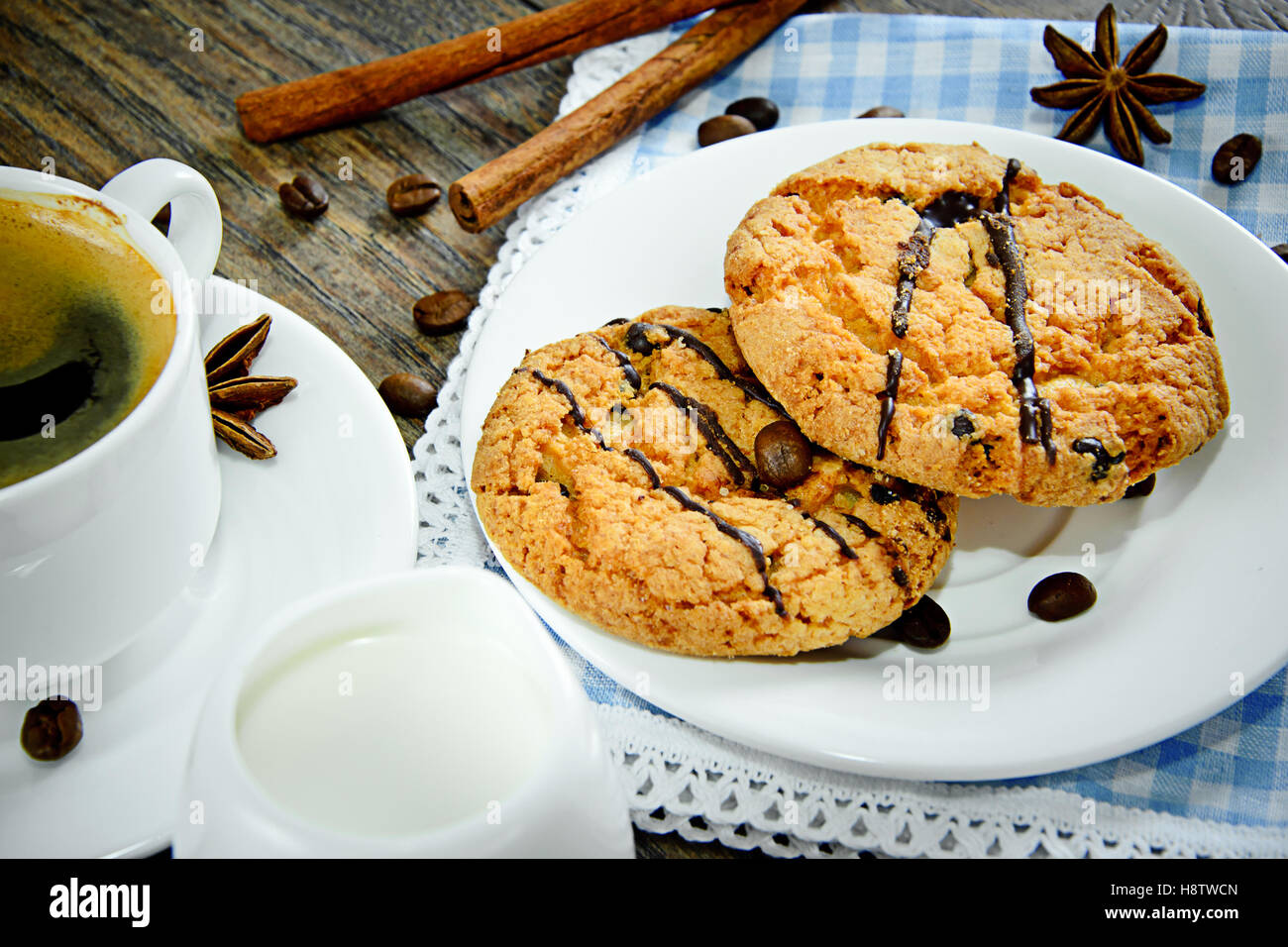 Coffee with Bakery on Woody Retro Background Stock Photo - Alamy