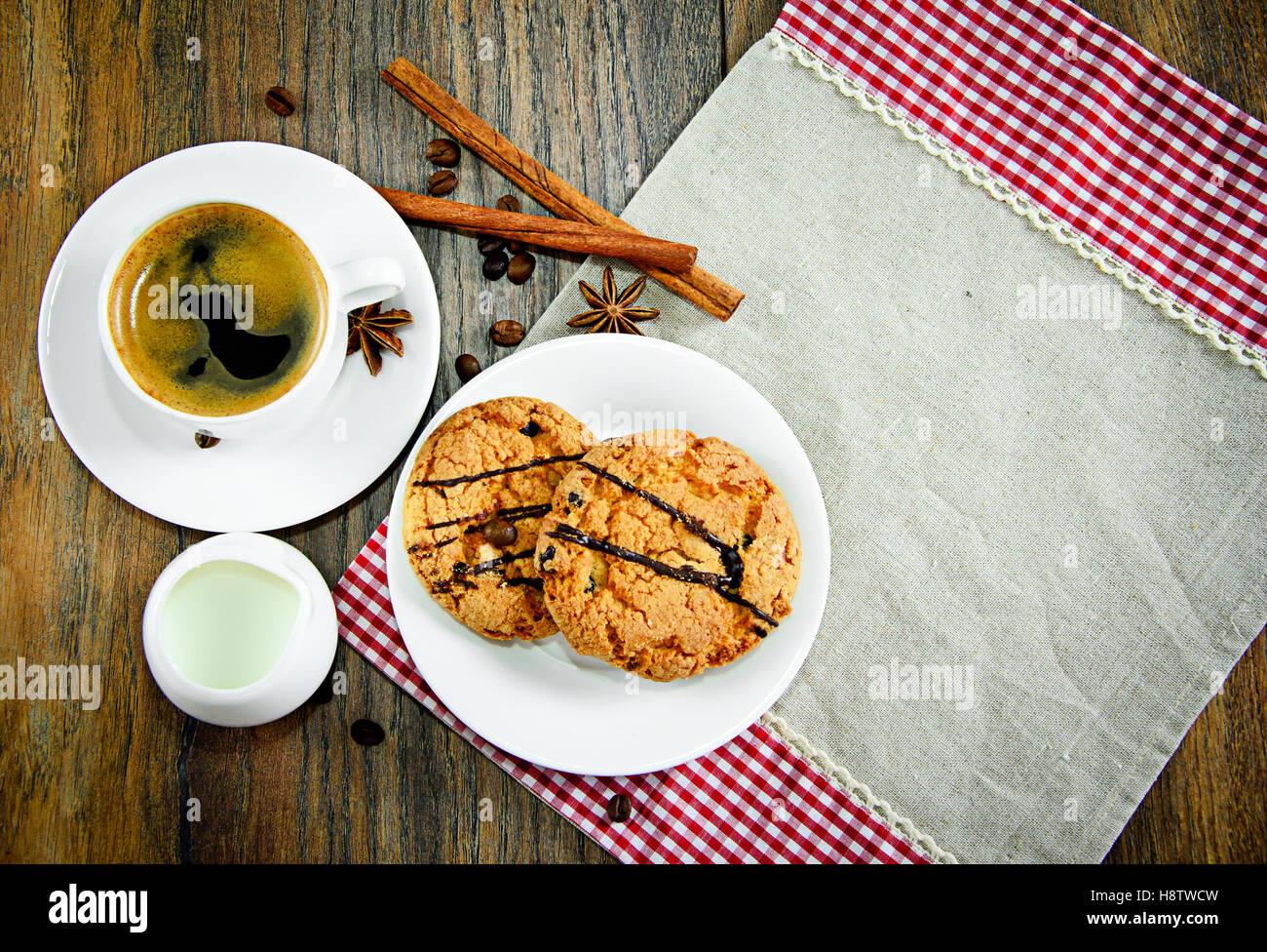 Coffee with Bakery on Woody Retro Background Stock Photo - Alamy