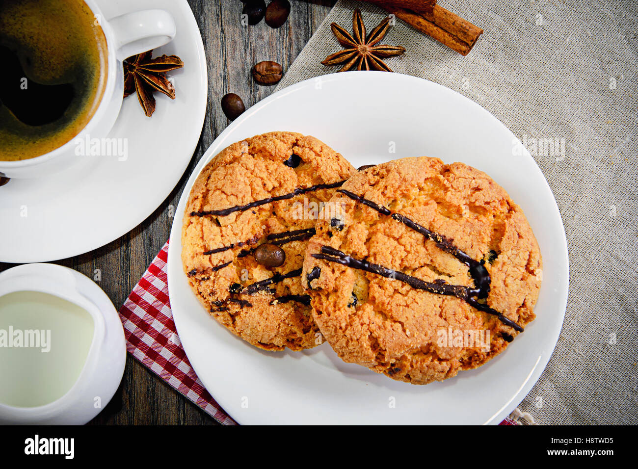 Coffee with Bakery on Woody Retro Background Stock Photo - Alamy
