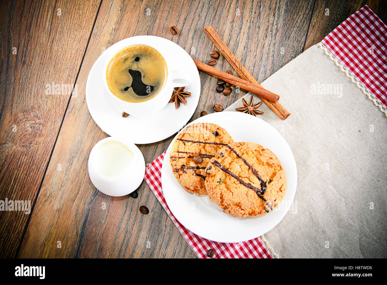 Coffee with Bakery on Woody Retro Background Stock Photo - Alamy