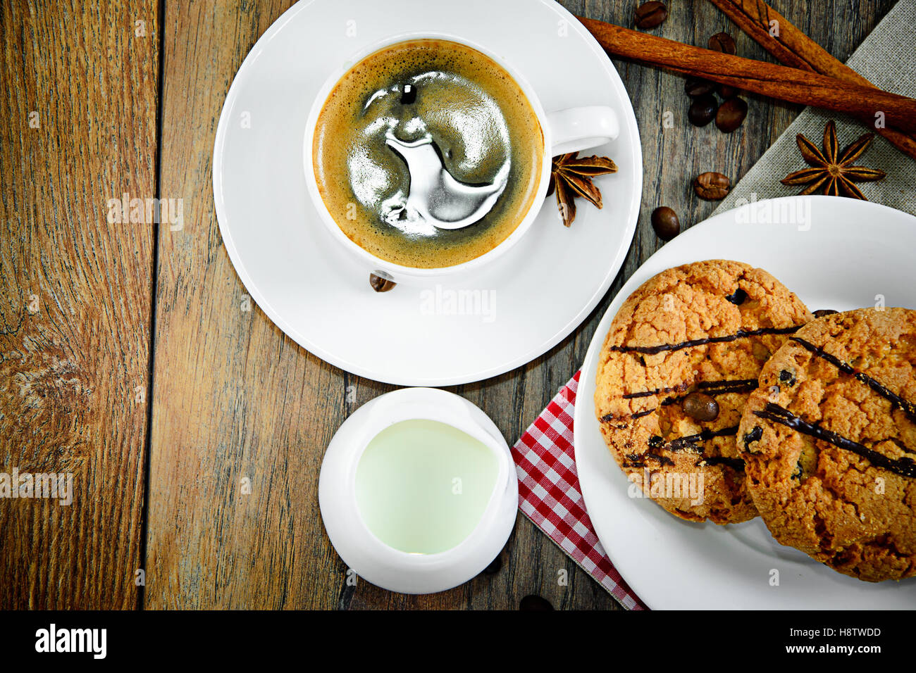 Coffee with Bakery on Woody Retro Background Stock Photo - Alamy