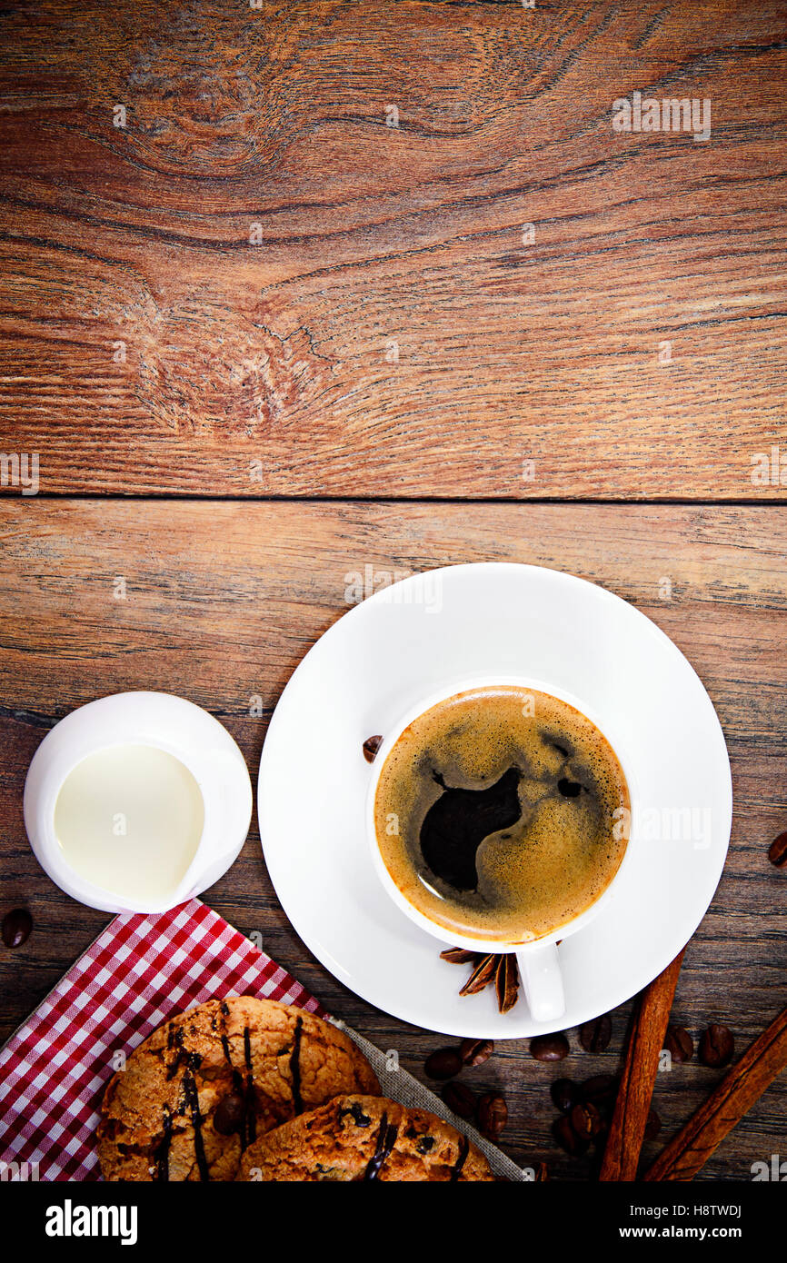Coffee with Bakery on Woody Retro Background Stock Photo - Alamy