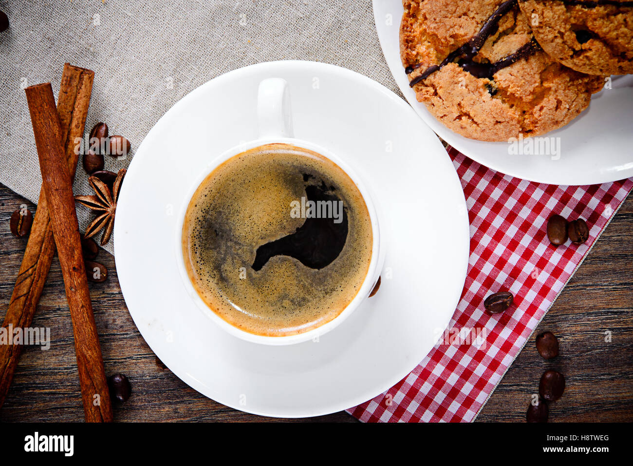 Coffee with Bakery on Woody Retro Background Stock Photo - Alamy