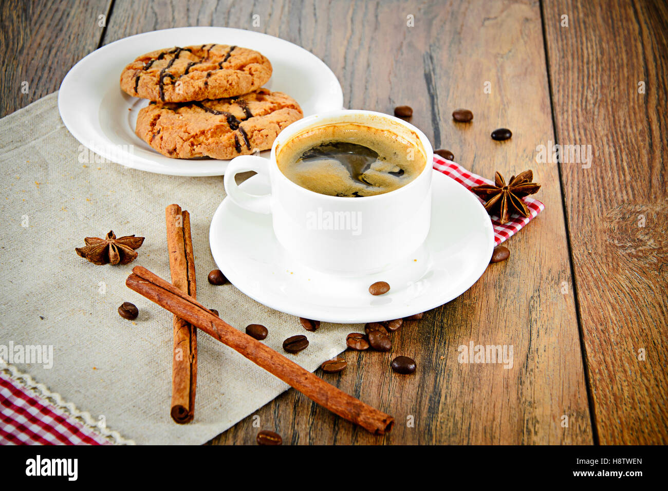 Coffee with Bakery on Woody Retro Background Stock Photo - Alamy